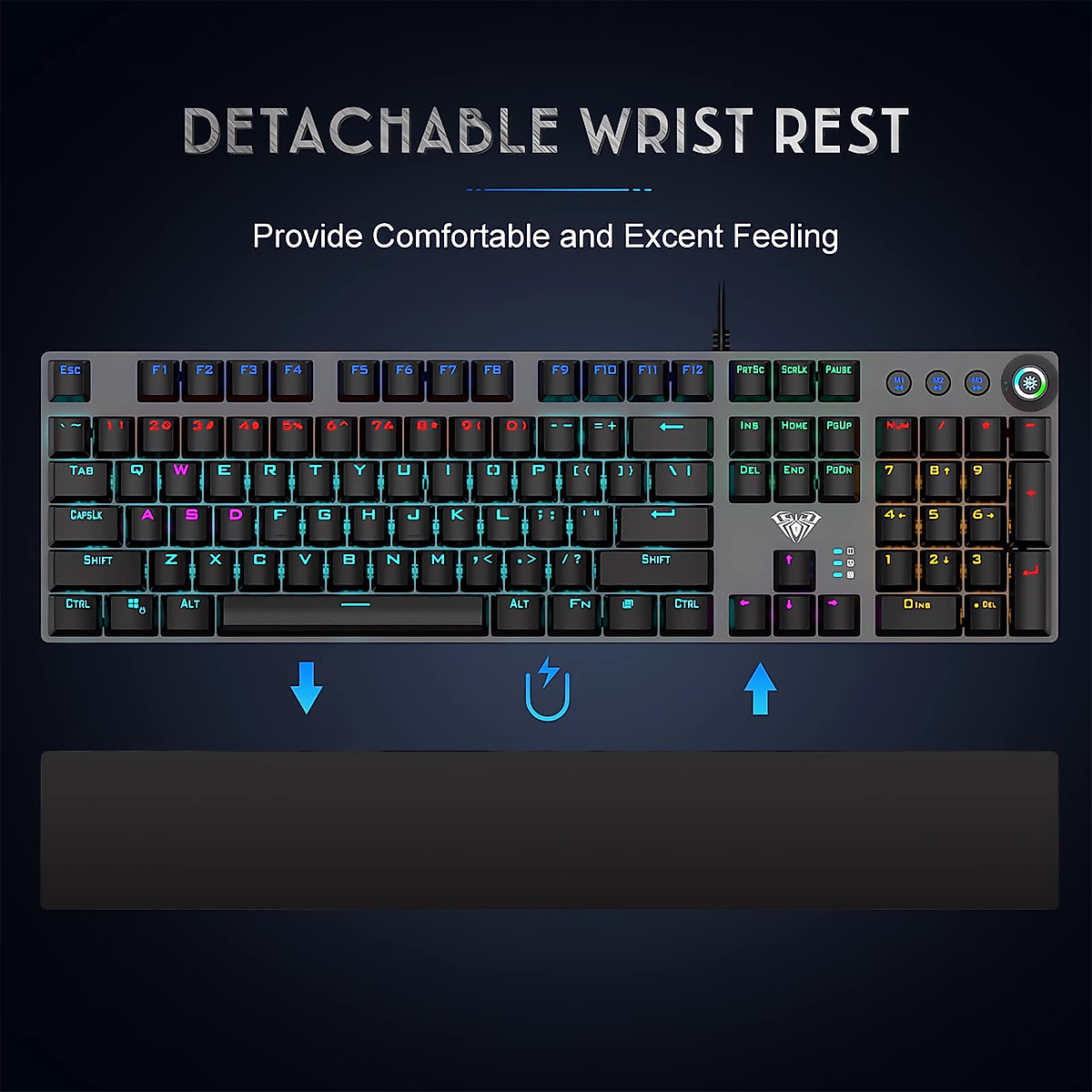 AULA Mechanical Gaming Keyboard Blue Switches,Rainbow LED Backlit,Ergonomic Wrist Rest,Aluminum Base,Full Size 108 Keys Anti-Ghosting,Macro Programmable Computer Keyboard Wired for PC Laptop
