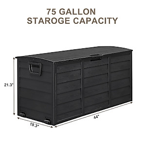 75 Gallon Outdoor Storage Box, Large Outdoor Storage Boxes for Garden Tools Outdoor Garden Plastic Storage Deck Box Chest Tools Cushions Toys Lockable Seat Black