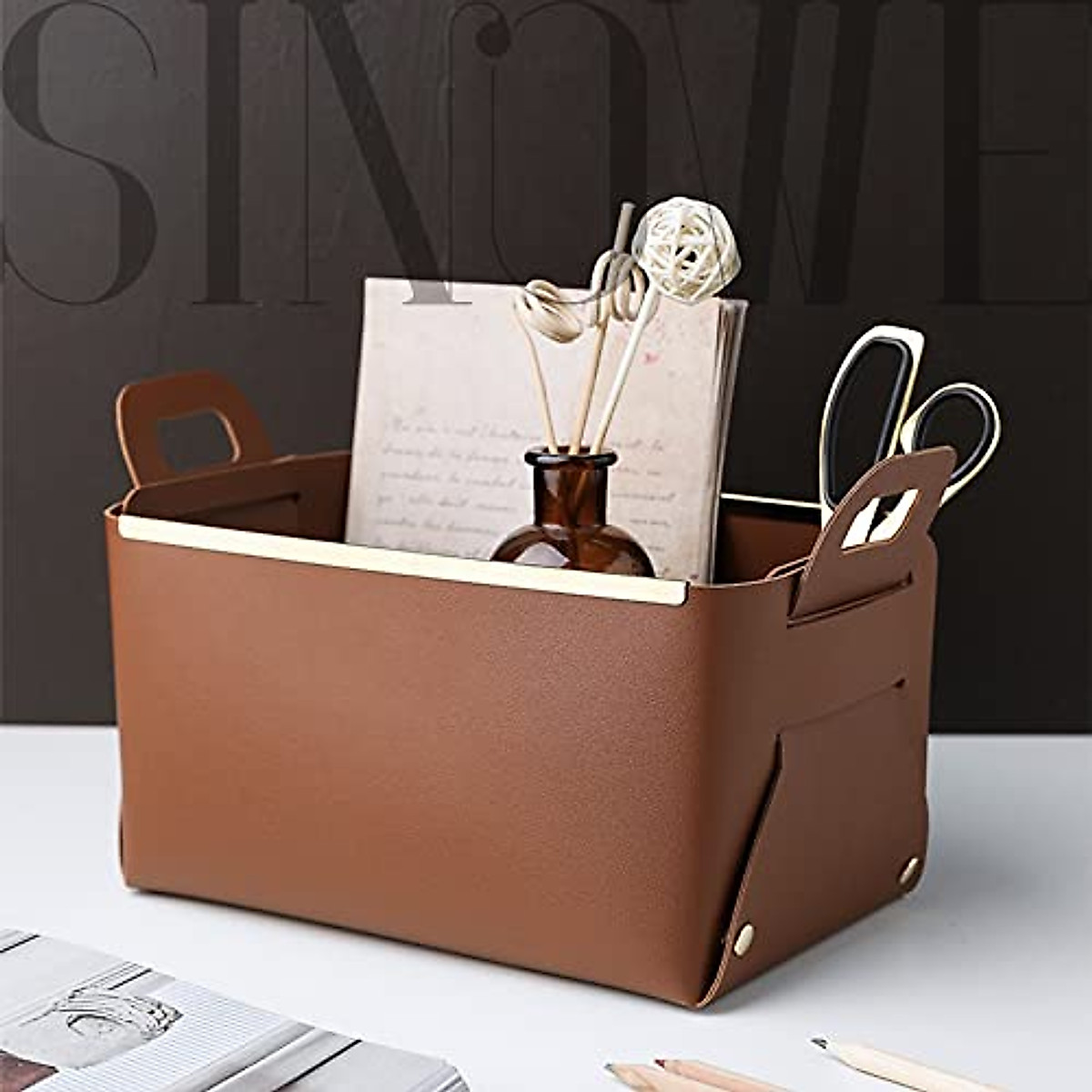 SINOWE Decorative Faux Leather Basket,Small Catchall Basket for Entryway Bedside Dresser End table,Collapsible Rectangle Tray Organizer Box (Caramel)