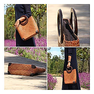 QTKJ Hand-woven Womens Straw Large Boho Handbag Bag for Women, Summer Beach Rattan Tote Travel Bag with Wood Round Top Handle (Khaki 1)