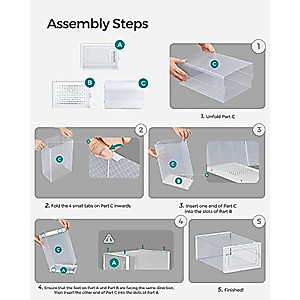 SONGMICS Shoe Boxes, Pack of 12 Shoe Storage Organizers, Stackable Clear Plastic Boxes for Closet, Sneakers, 9.9 x 13.7 x 7.4 Inches, Fit up to US Size 13, Transparent and White ULSP12MWT