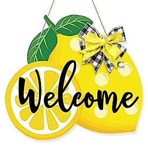 Huray Rayho Lemon Welcome Door Sign Summer Farmhouse Wooden Front Door Hanger, 13.7''x12.5'' Fresh Lemon with Yellow Black White Buffalo Plaid Bowknot, Summer Gift Ideas for Parents, Friends, Teachers