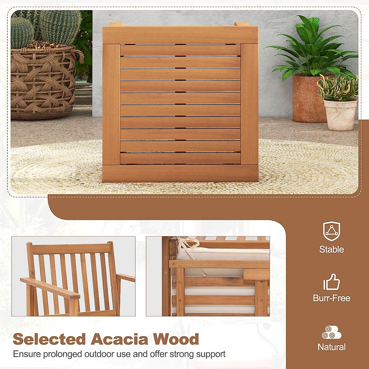 Tangkula 3 Pieces Patio Wood Furniture Set, Acacia Wood Chairs and Coffee Table Set with Soft Cushions, Slatted Design, Outdoor Furniture Set for Porch, Yard, Balcony (White)