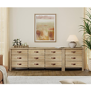 WAMPAT Dresser with 12 Drawers for Bedroom,Wooden Kids Dressers with Wide Chest of Drawers,Mid Century Modern Wooden Closet Storage Organizer,Large Wood Dressers for Living Room, Nursery,White Oak