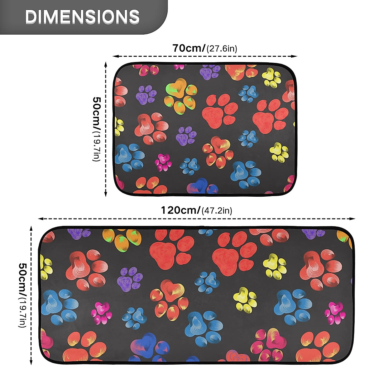 Kitchen Rugs and Mats 2 Pieces Rainbow Animal Paw Print Trails Black Anti Fatigue Kitchen Rug Set Non Slip Bath Mat Entry Floor Carpet Entrance Door Mat Runner 20"x28"+20"x47" 20"x28"+20"x47"