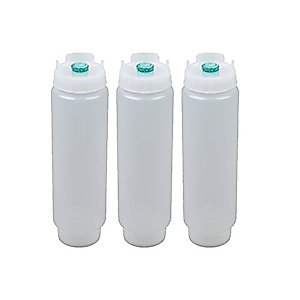 FIFO Squeeze Bottle Refillable 16 oz | Green Tip Small Valve Dispenser for Thin Condiments, Sauces, Batter and Dressing | Self Sealing No Drip No Hassle | (3 Pack)