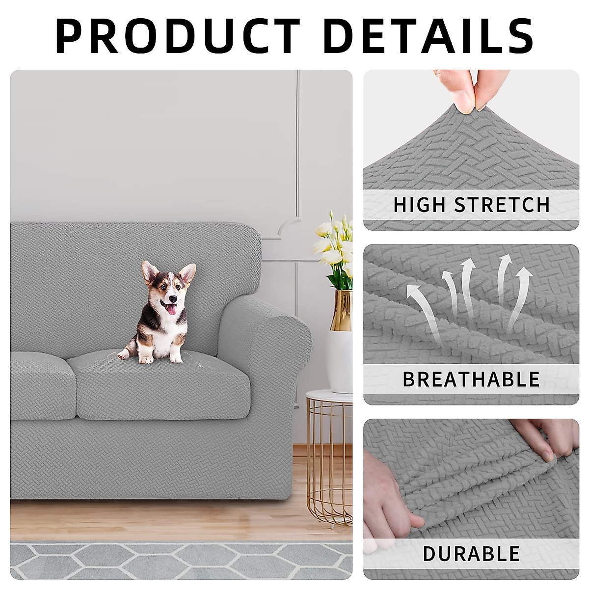 ISSUNTEX 3 Pieces High Stretch Thicken Loveseat Couch Covers, Soft Sofa Slipcover for 2 Separate Cushion Couch, Jacquard Fabric Elastic Sofa Cover Furniture Protector for Dogs (Loveseat, Light Gray)