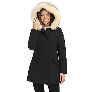 PUREMSX Down Coat for Women, Warm Winter Thick Faux Fur Hood Hiking Spring Outdoor Puffer Jacket Mother's Gift,Black,Large