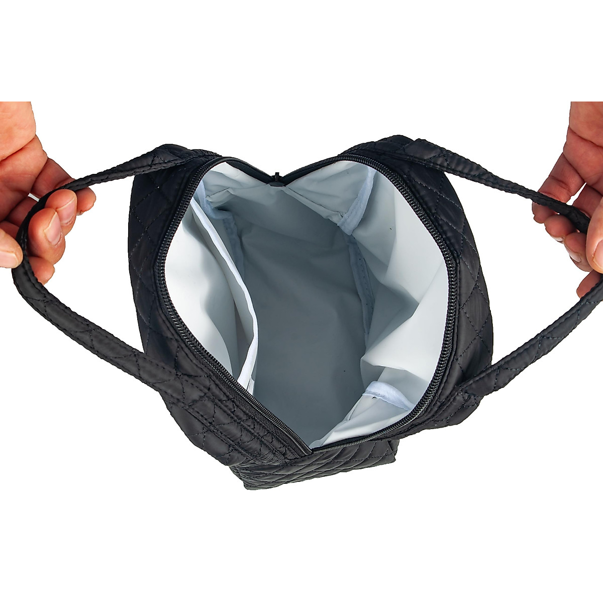 Machine Washable Women Cute Quilted Fabric Insulated Reusable Cooler Lunch Tote Bag Adult Thermal Lunch Box Storage Bag for work,Picnic, Beach (Black)