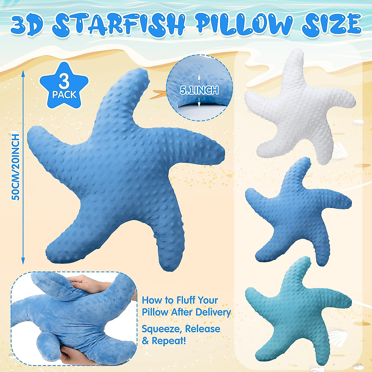 Fumete Starfish Plush Toy Pillow, 3 Pack, 20'' Stuffed Animal, Cute Coastal Decor for Kid Bedroom, Living Room, Sofa Couch (White, Green, Blue)