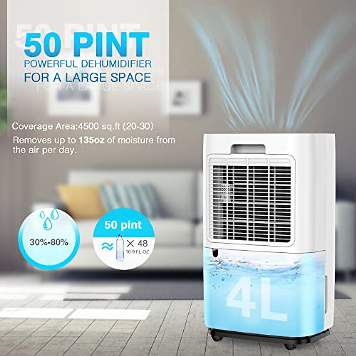 HUMILABS Dehumidifiers for Large Room or Basements, 50 Pint for 4500 Sq.ft Dehumidifier with 135oz Water Tank, Drain Hose and Wheels, Intelligent Humidity Control, Laundry Dry, Auto Defrost, 24H Timer