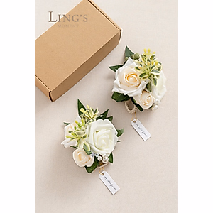 Ling's Moment 2pcs Homecoming Wrist Corsage Artificial Flowers, Girl/Mother Corsages Wristlet Décor for Prom/Wedding/Anniversary, etc. White Ivory