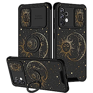 Goocrux (2in1 for Samsung Galaxy A32 5G Case Sun and Moon Women Girls Cute Stars Space Phone Cover with Slide Camera Cover+Ring Holder Fashion Golden Print Design Cases for Galaxy A 32 6.5''