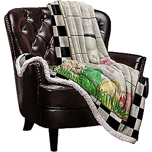 Yun Nist Easter Day Sherpa Flannel Throw Blankets,Pink Rabbit Tail Egg Thick Reversible Plush Fleece Blanket for Bed Couch Sofa Decor,Black Plaid White Plank Ultra Soft Comfy Warm Fuzzy TV Blanket