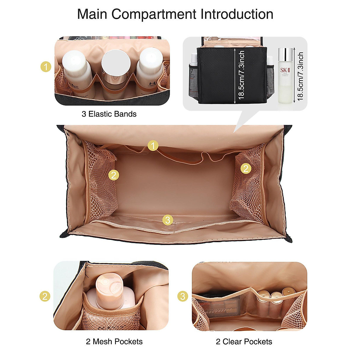 Relavel Hanging Toiletry Bag for Women and Men, Small Travel Bag for Girls Compact Size with Multiple Compartments Waterproof Travel Kit Wash Bag Makeup Storage Organizer Gym Shower Bag Black