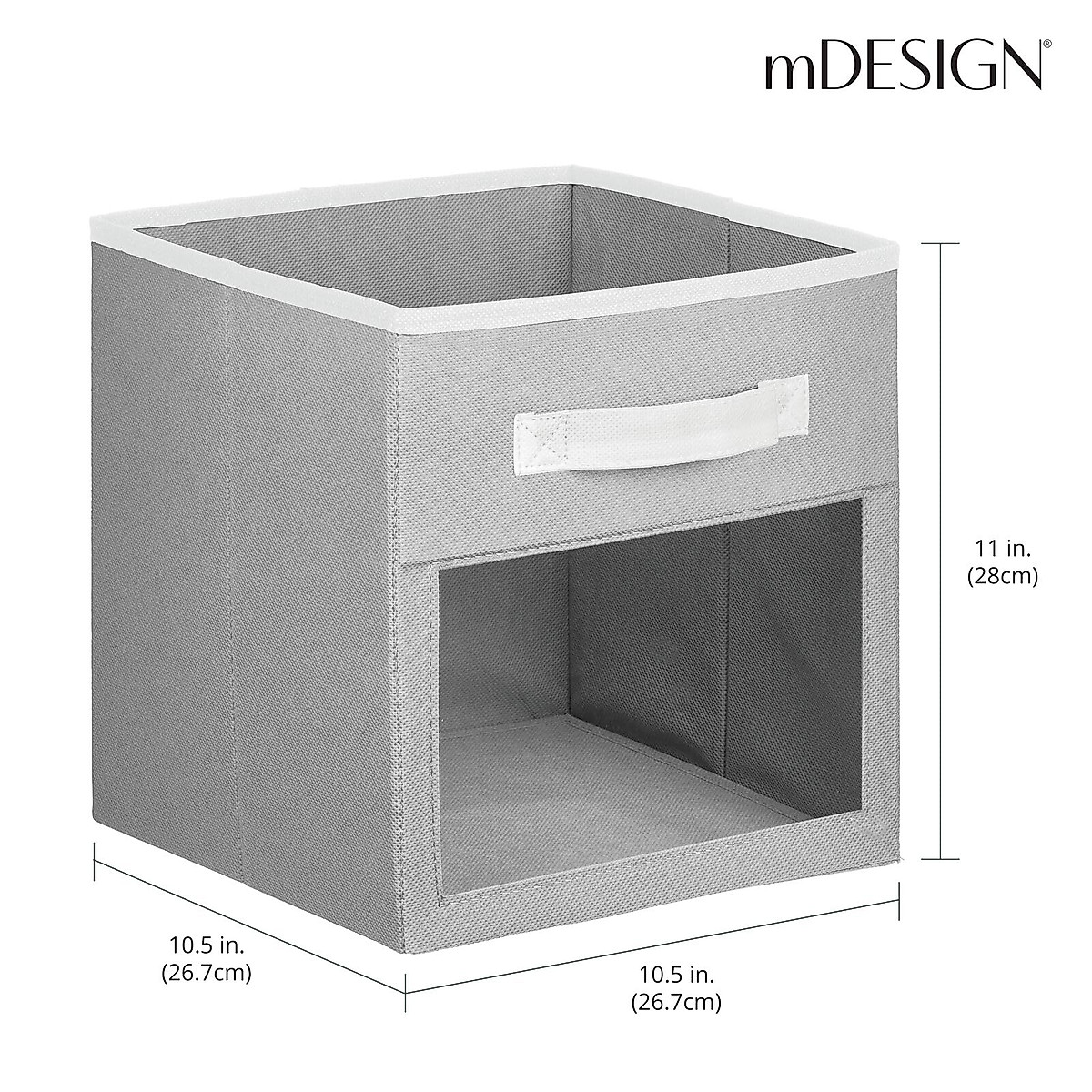 mDesign Fabric Nursery/Playroom Closet Storage Organizer Bin Box with Front Handle/Window for Cube Furniture Shelving Units, Hold Toys, Clothes, Diapers, Bibs, Jane Collection, 4 Pack - Gray/White