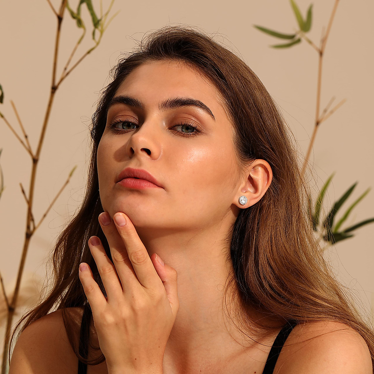 Hayoso 18K Gold Plated Halo Stud Earrings 925 Sterling Silver Cubic Zirconia Stud Earrings Round Square Diamonique Stud Earrings Set for Women Men - Silver