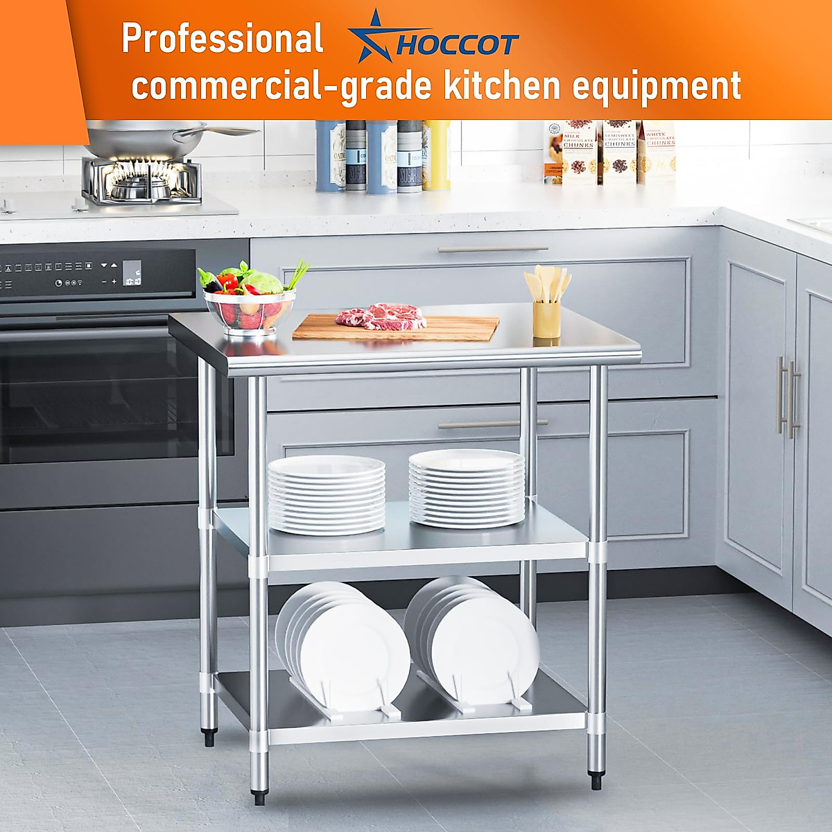 HOCCOT Stainless Steel Table for Prep & Work 24" X 30" inches with 2 Adjustable Shelf, Commercial Workstations, Utility Table in Kitchen Garage Laundry Room Outdoor BBQ