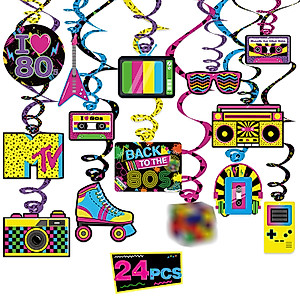 Bessmoso 28Pcs Back to The 80s Party Decorations 80's Party Hanging Swirls Decorations Retro Ceiling Streamers for 1980s Throwback Birthday Party 80s Neon Party Supplies