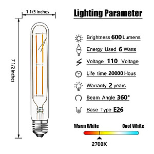 Gogailen ROUENOK Dimmable 6W Tubular LED Bulbs, T10 T30 LED Vintage Bulb 60 Watt Equivalent, Warm White 2700K, E26 Medium Base 600LM, 7.3 Inches Long Edison Style Filament Light Bulb, Pack of 4