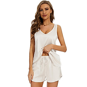MOYEE Womens Silk Pajamas Set Satin Sleepwear Tank Tops and Loungewear Shorts Two Piece Pj Sets with Pockets(White, Large)