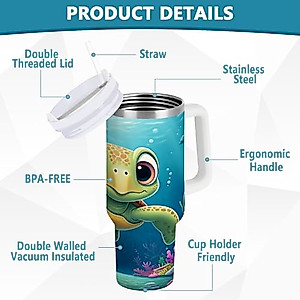 Maunzc 30 oz Tumbler with Handle and Straw, Insulated Stainless Steel Travel Mug with Lid for Coffee, Iced Tea, Water, Gift for Men Women (Cartoon Swimming Turtle)
