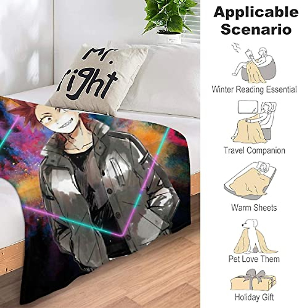 My Hero Academia Blanket Eijiro Kirishima Handsome Blankets and Throws Hypoallergenic Cartoon Blankets and Throws for Camping Outdoor Car Farmhouse 60x50 in