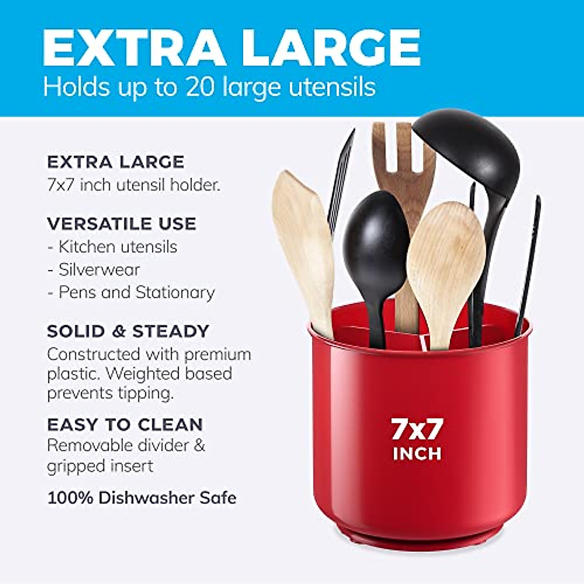Extra Large Rotating Red Utensil Holder with Sturdy No-Tip Weighted Base, Removable Divider, and Gripped Insert | Rust Proof and Dishwasher Safe Kitchen Utensils Holder by Cooler Kitchen 7*7 Inches