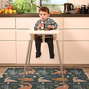 Baby Splat Mat for Under High Chair Floor Mat - Splash Mat, Waterproof Floor Mat - Anti Slip, Washable, Extra Large (51 Inch) + Baby Bib with Sleeves - Dinosaur