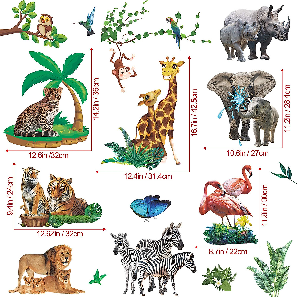 Amaonm Creative Giant Removable Cartoon Zoo Wild Jungle Animals 3D DIY Lion Giraffe Elephant Tree Wall Decals Nursery Decor for Kids Bedroom Living Room Playroom Classroom Hospital Decoration (b)