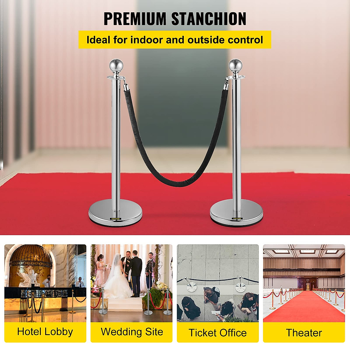 VEVOR Velvet Ropes and Posts 2 Pcs, 5 ft Black Velvet Rope, Stanchion Post with Ball Top, Crowd Control Barriers Silver Stanchions, Red Carpet Poles, Crowd Control Ropes and Poles for Party Supplies
