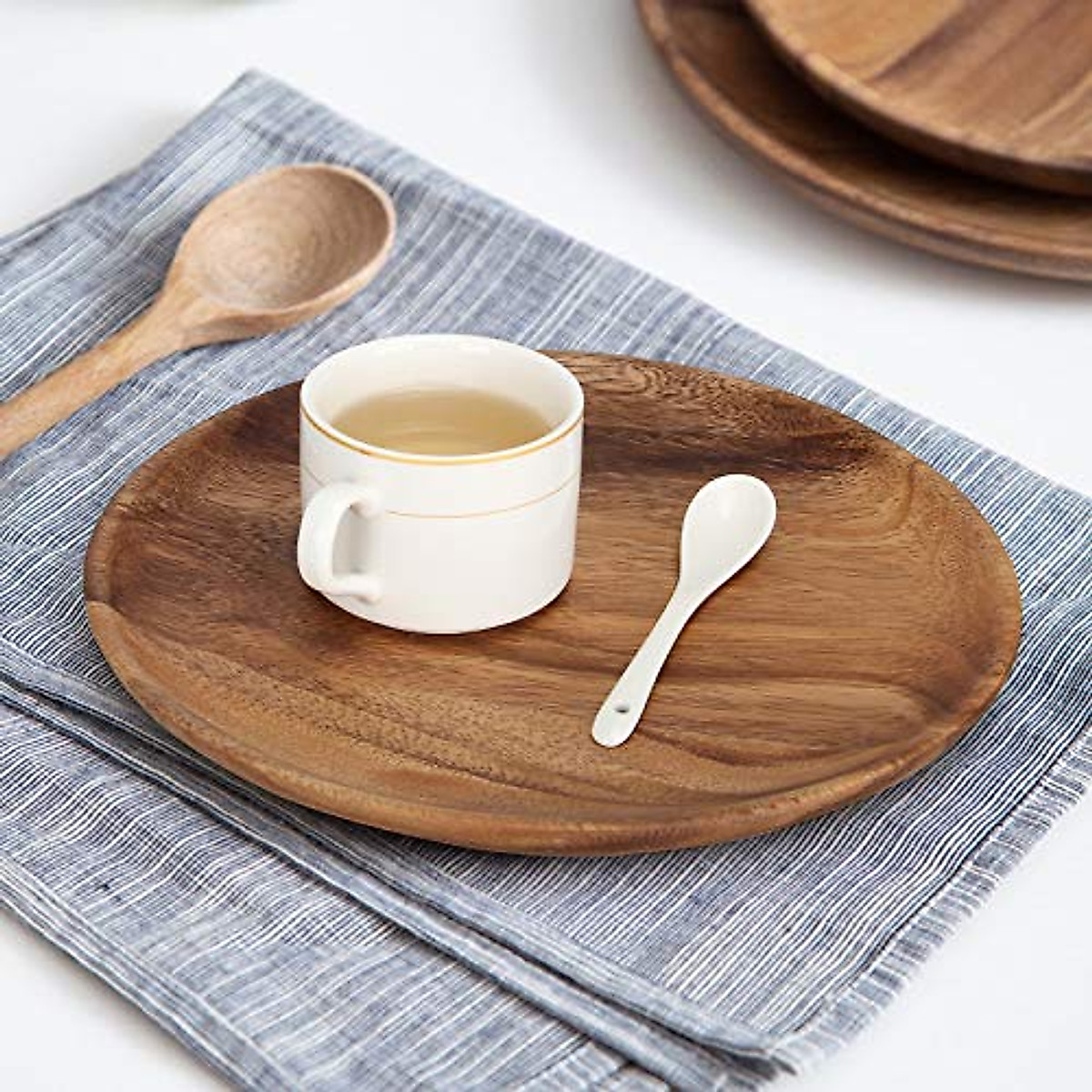 2 Pcs 10 Inch Acacia Wood Dinner Plates for Eating Wooden Round Charcuterie Boards Serving Platters for Food Dishes Cheese Tray Dessert Salad Plate Wood Charger Plates