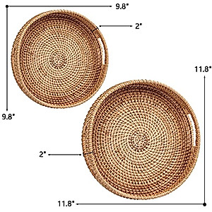 Rattan Round Serving Tray with Handles Large Hand Woven Wicker Basket Tray for Food,Dinner,Breakfast,Coffee Table,Ottoman (Set of 2)