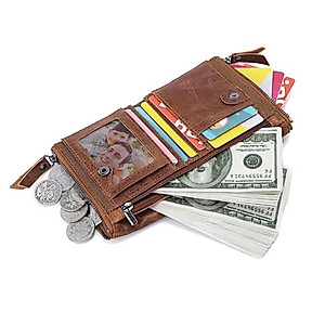 Genuine Leather Elegant Wallet, Unisex,Double exterior zipper coins,internal zip,1 x 4 x 4.7 inches,Slots for identification and several cards,closing and opening button,Elegant black gift box (Brown)