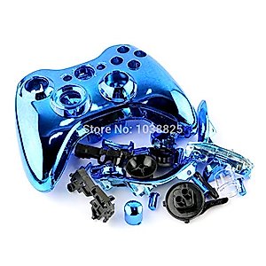 Chrome Full Housing Shell Cover Case Kit with Full Set Replacement Parts for Xbox 360 Controller T6 T8 Screwdrivers for Free (Blue)