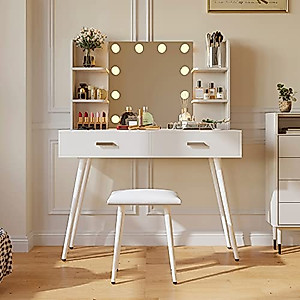 Furniouse Vanity Desk, Vanity Mirror with Lights, Makeup Table Set with Drawers, Vanity Set for Bedroom with 3 Lighting Modes Studio White