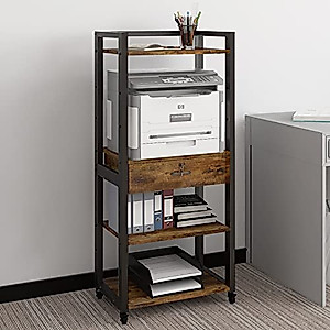 Natwind 4-Tiers Home Office Printer Stand Rack with Drawer Mobile Double Printer Cart with Adjustable Shelves Large Storage Rack on Wheels for Home Office Study Kitchen (Retro)