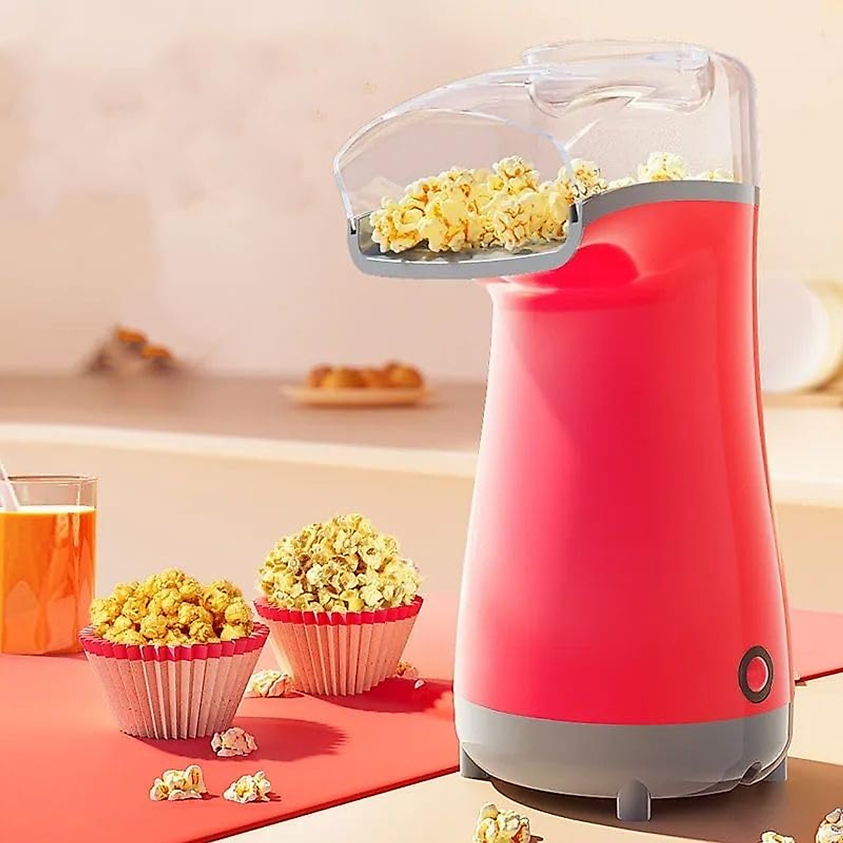 Dzmb quick and easy hot air popcorn machine with measuring cup, oil-free popcorn machine with on/off switch is suitable for family movie night parties. (Red)