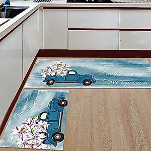 Kitchen Rugs and Mats Set Non-Slip Cushioned Anti-Fatigue Mat Machine Washable 2 Pieces Rug Set Kitchen Mats, Live Simply Laugh often Love Deeply Blue Truck Carrying Magnolia 15.7"x23.6"+15.7"x47"