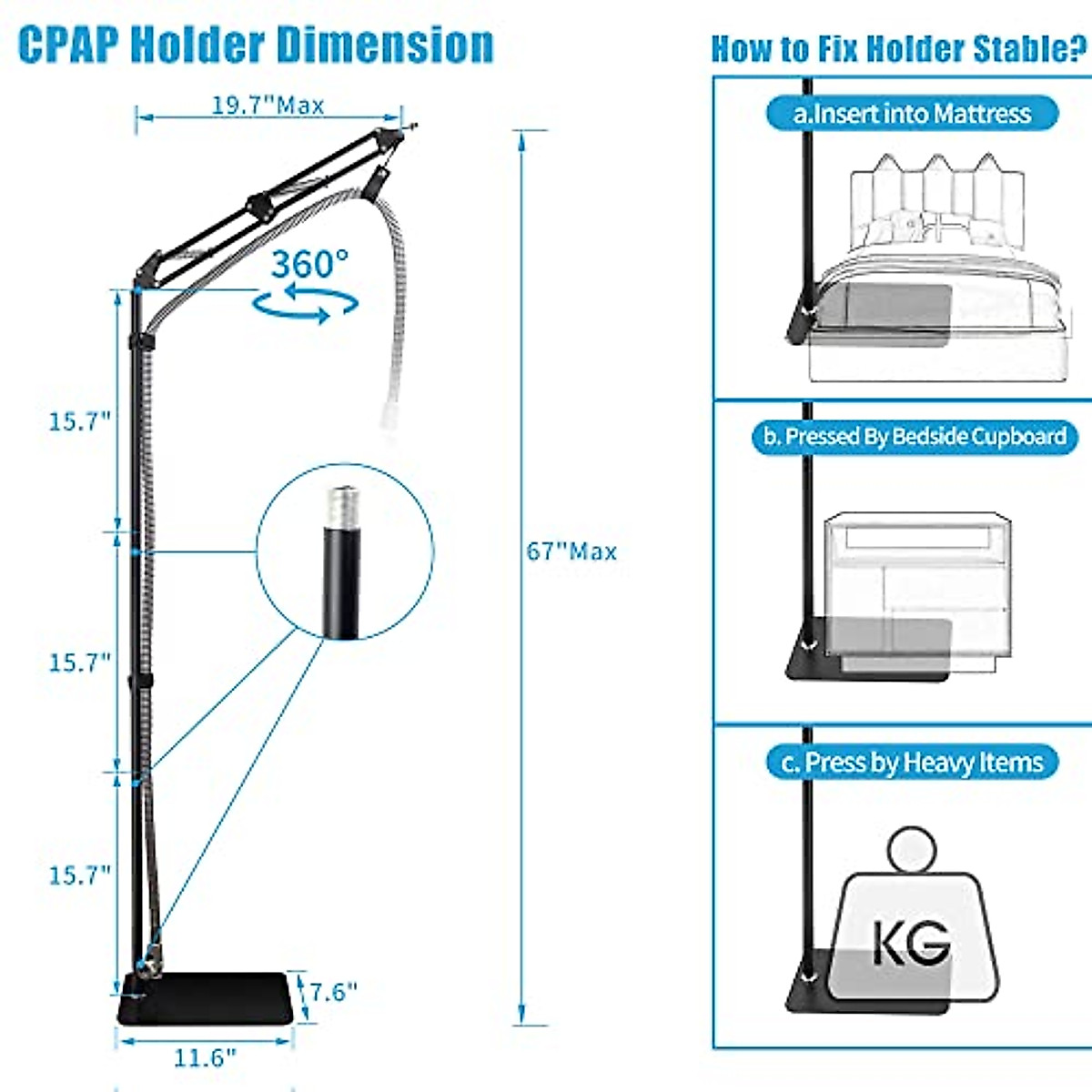 CPAP Hose Tube Holder Support Clamp Clip Hook Support Bedside Storage Kit_Metal Structure Strong_5.6 ft Max High_Angle Height Adjustable_Prevent Hose Loose Tangle Air Leakage During Sleep