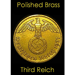 1936 DE RARE ORIGINAL NAZI 5PF COIN w SWASTIKA in LUSTROUS BRASS!! BUY 2 ALSO GET LARGER 10PF!! 5 PFENNIGS Uncirculated or Polished Almost Uncirculated