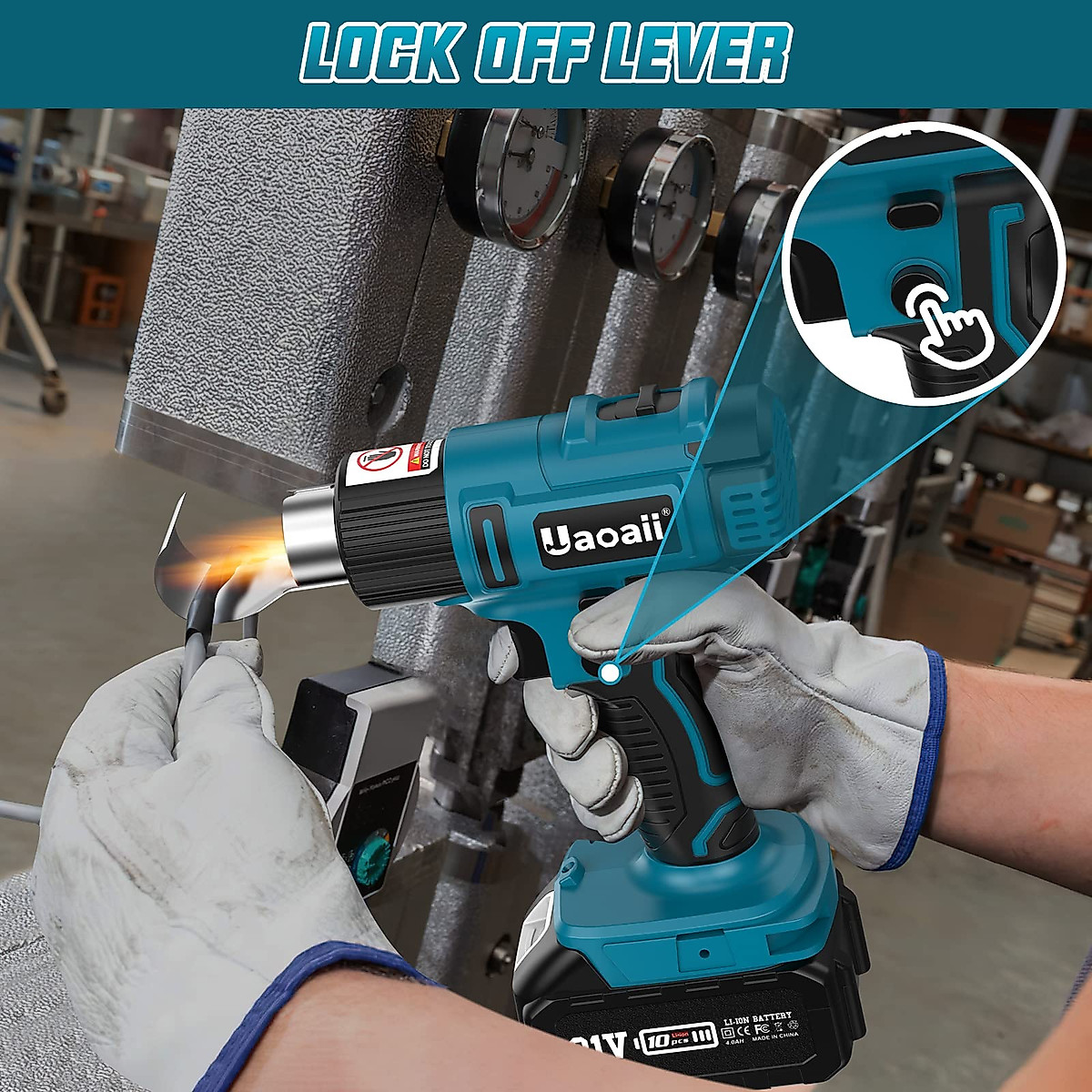 Cordless Heat Gun, Uaoaii 21V Hot Air Gun w/ 2x 4.0Ah Rechargeable Battery, 4 Nozzle, Led Light & Suitcase, 2-Temp Setting Max 1022°F(550°C) Heat Gun for Crafts, Shrink Tubing, Resin & Decorating