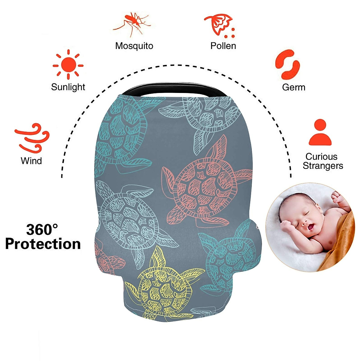 WELLDAY Baby Car Seat Covers Colorful Sea Turtles Stretchy Breastfeeding Scarf Breathable Infant Carseat Canopy Nursing Covers Multi Use for Stroller High Chair Shopping Cart Boys and Girls