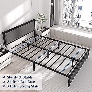 VECELO Queen Size Bed Frame with Linen Fabric Headboard and Footboard, Heavy-Duty Platform with Strong Steel Slats, No Box Spring Needed, Easy Assembly, Grey