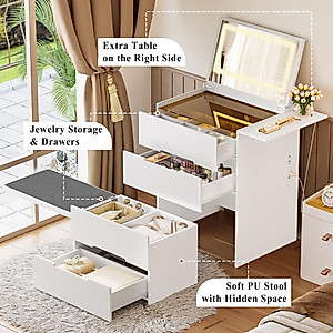 LIKIMIO 3 in 1 Vanity Desk with Plip Top Mirror, LED Light & Power Outlet Small Make Up Vanity Set with Visible Glass Desktop, Compact Makeup Vanity with 3 Drawers, Dressing Table for Bedroom, White