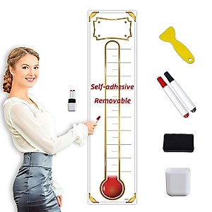 Fundraising Thermometer Chart Goal Tracker Decal - 48"x12" - Dry Erase Goal Setting Wall Poster Thermometer - Removable Giant Sales Goal Vinyal Sticker