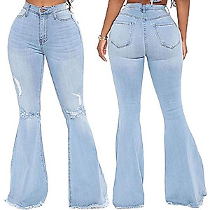 CutieLove Women's Ripped Jeans Bell Bottom Flare Jeans Mid Rise Destroyed Hem Denim Pants A-Light Blue