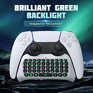 TiMOVO PS5 Controller Keyboard with Green Backlight, Wireless Bluetooth Keypad Chatpad for Playstation 5 Controller, Mini Game Keyboard Built-in Speaker with 3.5mm Audio Jack for PS5 Accessories,White