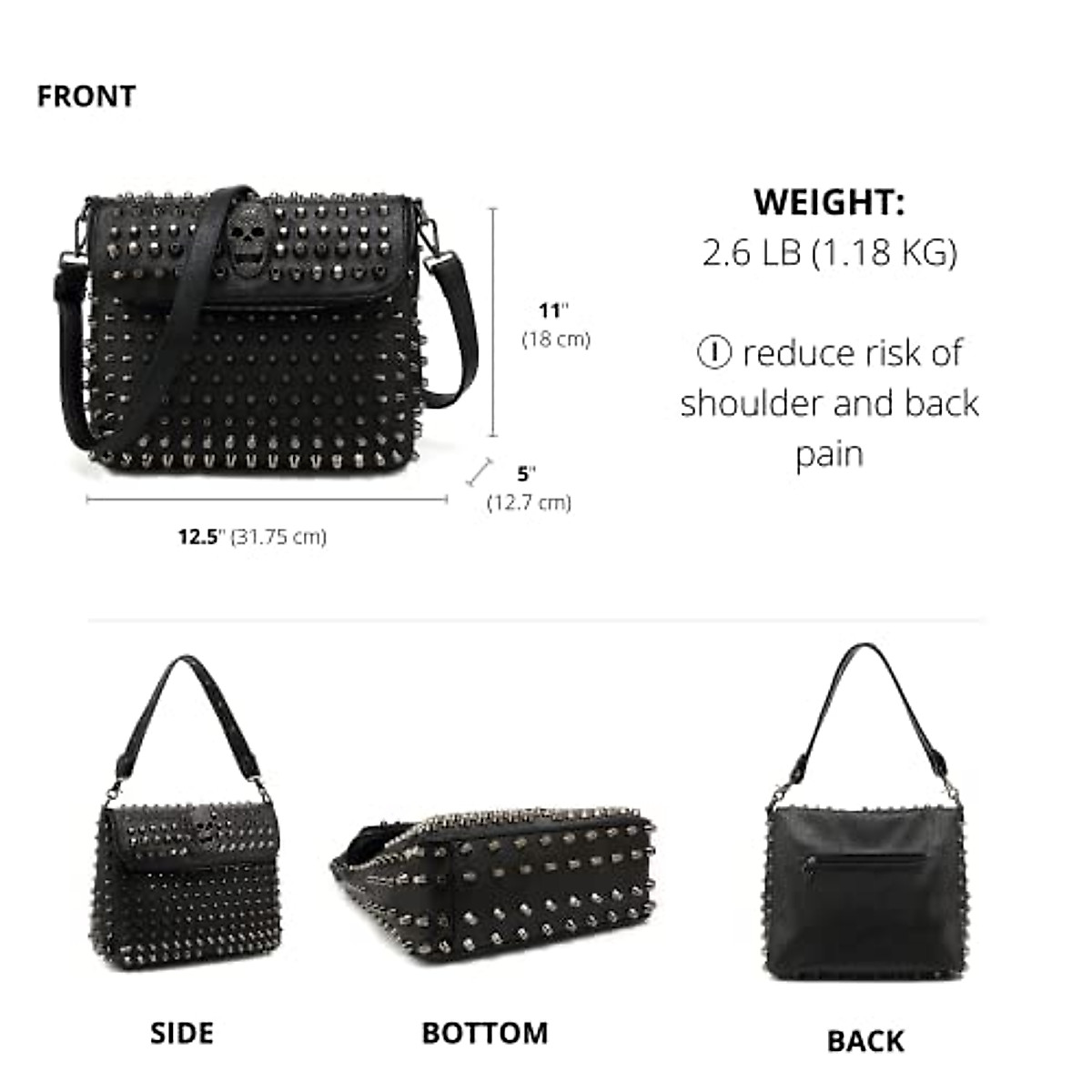 Scarleton Studded Skull Bag for Women, Vegan Leather Gothic Punk Rock Rivet Shoulder Bag, Classic Black Crossbody Handbag - Adjustable Strap Sling H141701