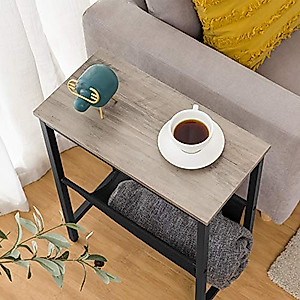 HOOBRO Side Table, Narrow End Table with Magazine Holder Sling, 18.9 x 9.4 x 24 Inch Industrial Nightstand for Small Spaces, Wood Look Accent Furniture with Metal Frame, Greige and Black BG41BZ01